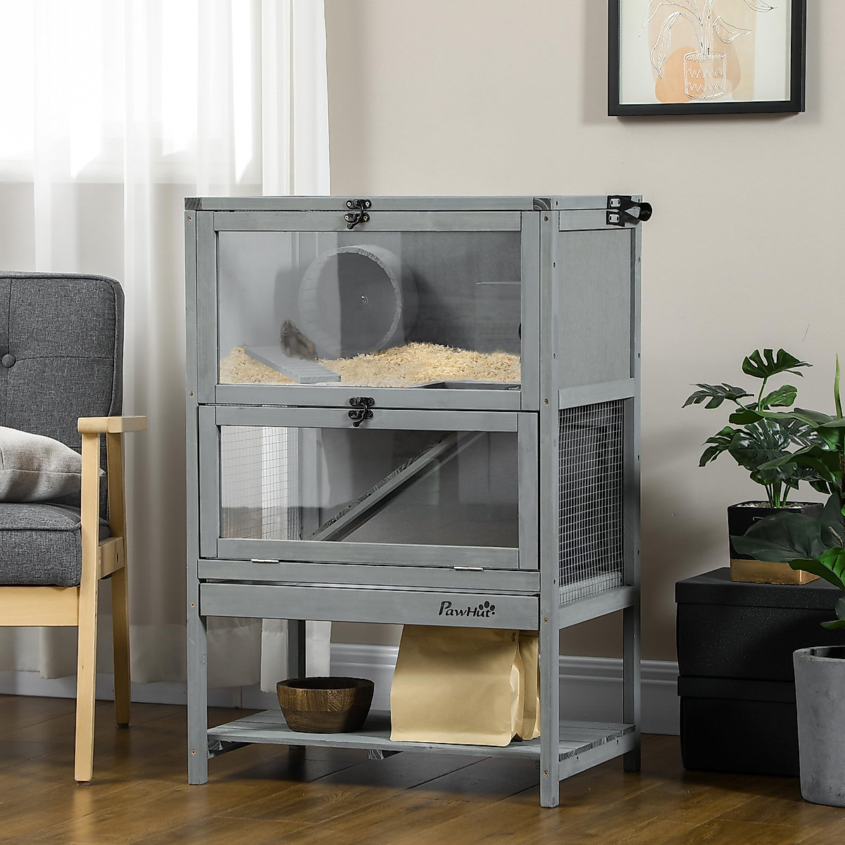 PawHut Wooden Hamster Cage with Storage Shelf, Large Hamster Cage Including Seesaw, Small Animal Cage with Sliding Tray, Wide Ramp for Racing, Running Wheel, 35.5" H