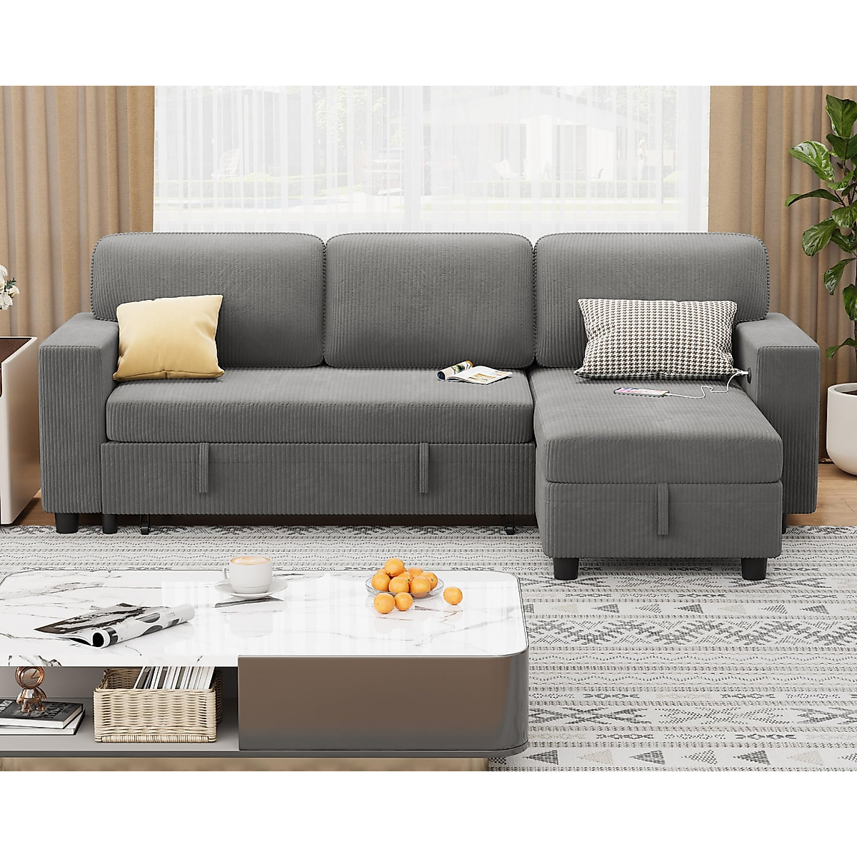 Flamaker 80" Sleeper Sofa, Sofa Bed with Built-in Large Storage and 2 Bookshelves, Convertible Sectional Sofa Couch, Pull Out Couch with USB, Modern Couches for Living Room (Corduroy, Light Grey)