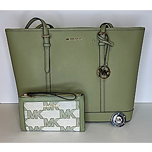 Michael Kors Jet Set Travel Large TZ Shoulder Tote bundled with Double Zip Wristlet and Purse Hook (Light Sage/MK)