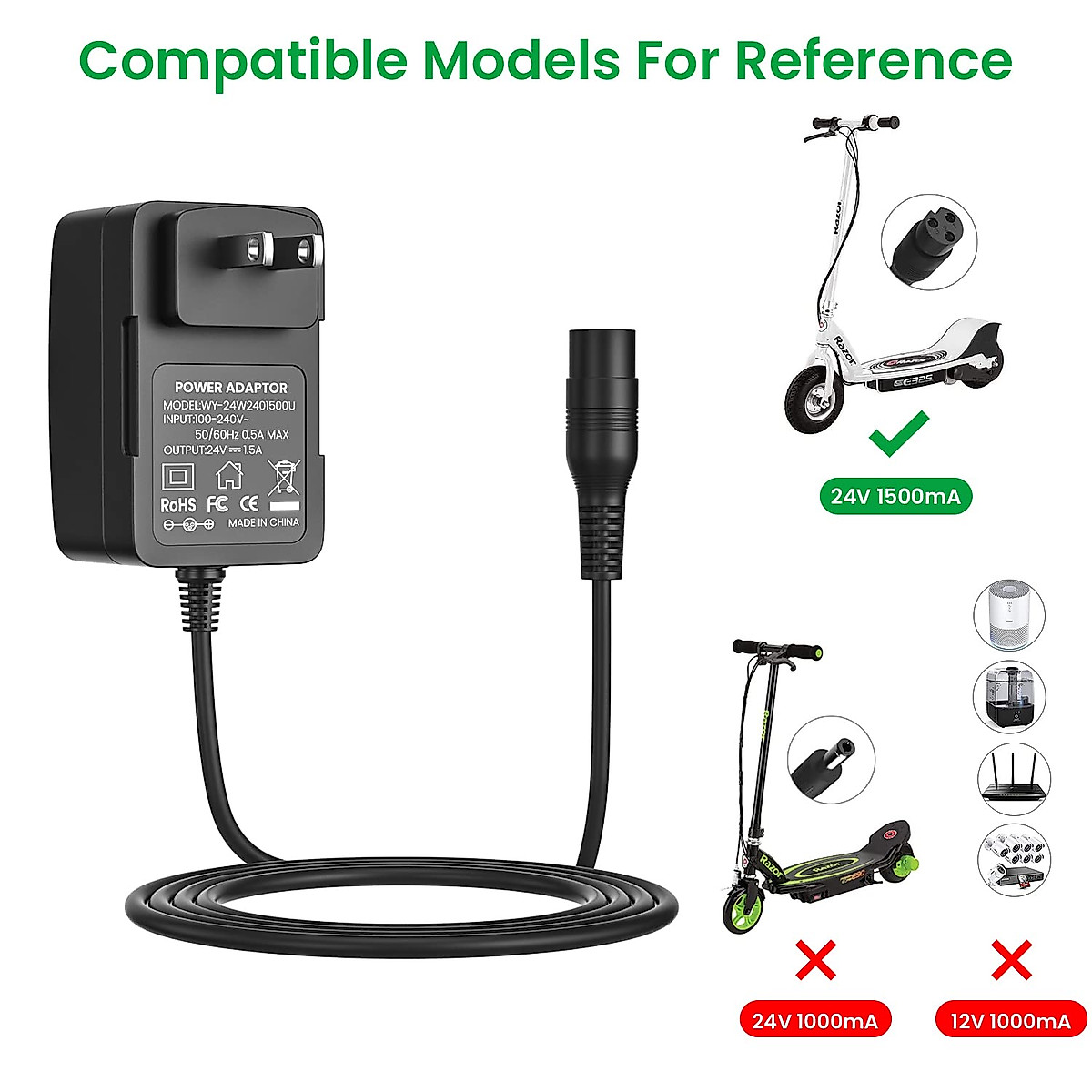 Auspow 24V Power Supply for Razor MX350, Dirt Quad, Pocket Mod, E200, E300, PR200, E100, E500, and Sports Mod, 3-Prong 24V 1.5A Adapter Power Cord Replacement for Part# W13112099014