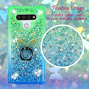 Zase Design Case for LG K51/LG Reflect Clear Case Liquid Glitter Sparkle Bling Protective Cover 3D Floating Butterflies Waterfall Quicksand Shockproof w/Phone Ring (Gradient Green Blue)