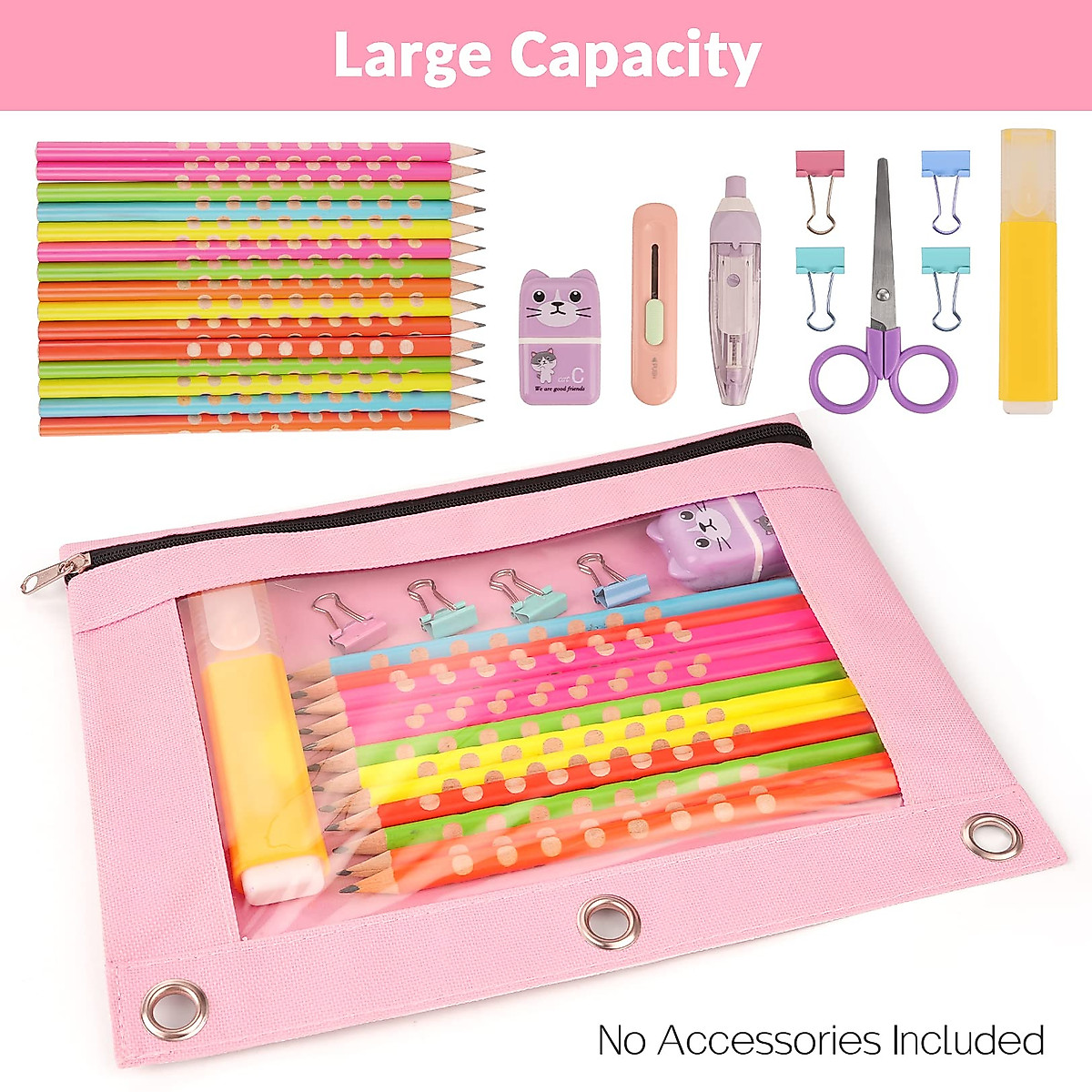 Sooez Pencil Pouch for 3 Ring Binder, 2 Pack Binder Pencil Pouch with Clear Window Pencil Bags with Zipper & Reinforced Grommets, Pencil Case for Binder Pink & Grey