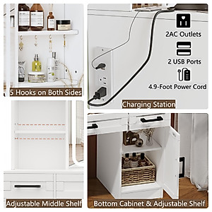 Irontar Farmhouse Makeup Vanity Desk with Sliding Mirror & Charging Station, Vanity Table with Lights & Hidden Storage Shelves, Makeup Desk with 3 Drawers and 2 Cabinets, White WDT009W