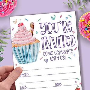 Cupcake Birthday Party Invitations (20 Count With Envelopes) - Watercolor Cupcakes And Sprinkles Birthday Invites