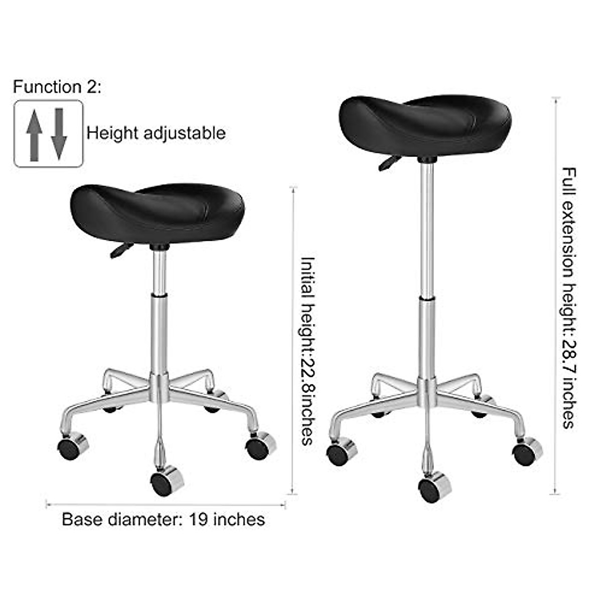 Kaleurrier Ergonomic Rolling Swivel Saddle Stool with Wheels,Hydraulic Pneumatic Lifting Height Adjustable Lightweight Chair for Clinic Hair Salon Massage Lab Kitchen Home Office (Black, Without Back)