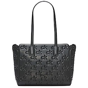 Calvin Klein Noa Top Zip Tote, Black/Gunmetal Twin Brick Embossed
