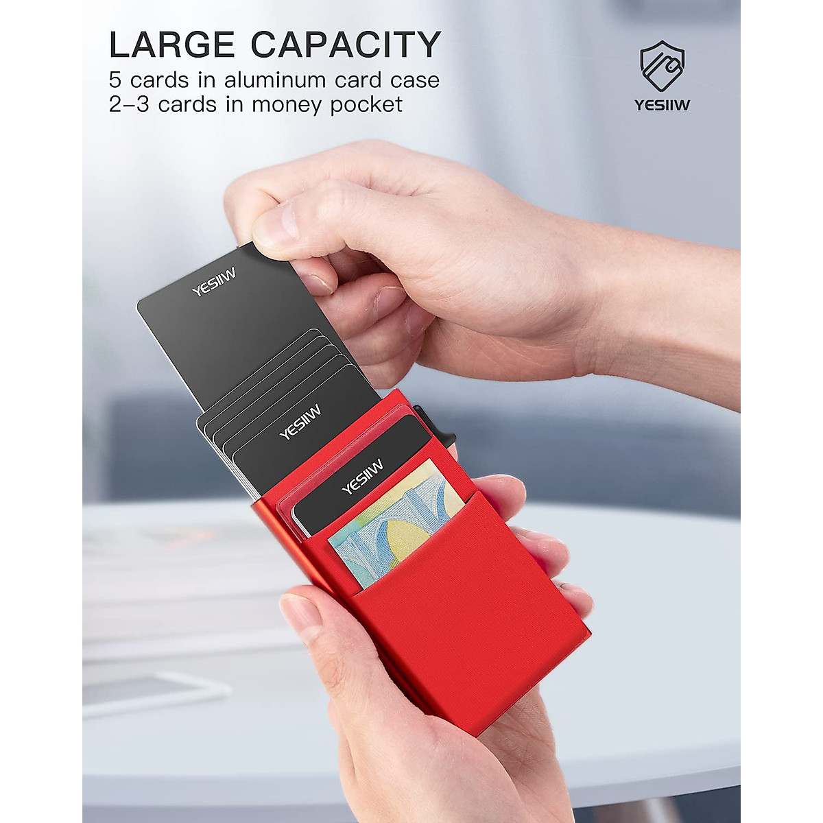 YESIIW Pop up Slim Card Holder RFID Blocking with Money Pocket Minimalist Card Wallet for Women and Men Aluminum Metal Credit Card Case for Cards and Notes and Coins Red