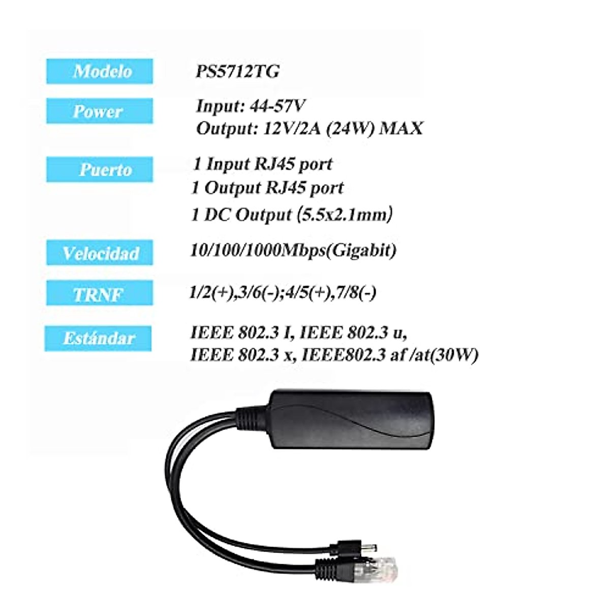 REVODATA Gigabit PoE Splitter 12V 2A Output with IEEE 802.3af/at Standard Compliant 10,100,1000Mbps Power Over Ethernet Splitter Adapter for Security Camera CCTV Surveillance 5.5x2.1mm DC PlugPS5712TG