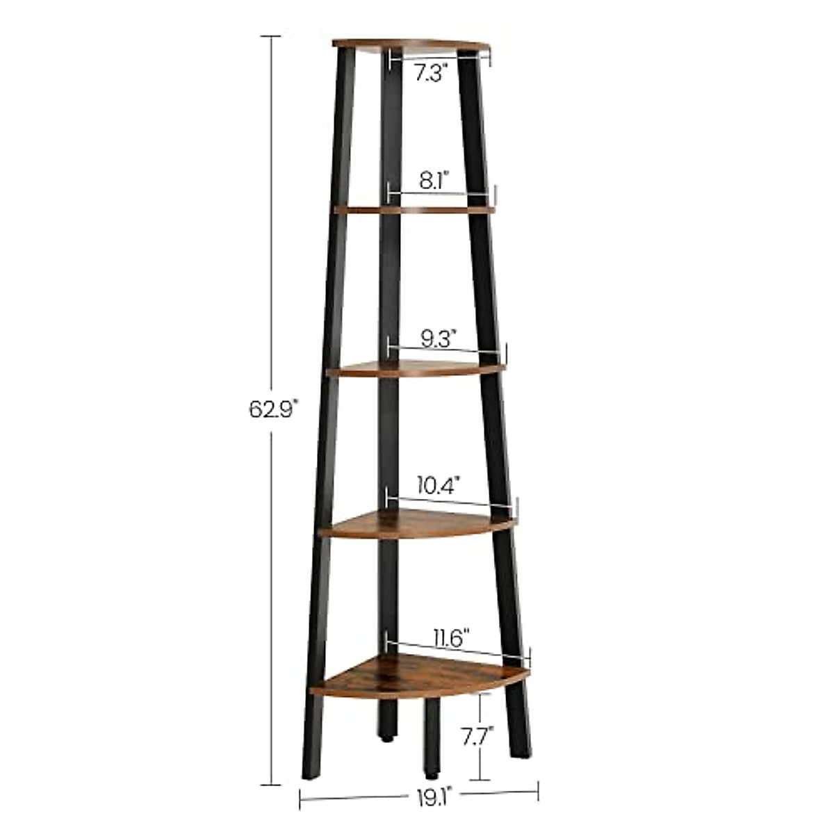 VASAGLE Industrial Bookcase, 5-Tier Corner Shelf, Plant Stand Wood Look Accent Furniture with Metal Frame for Home and Office ULLS35X, 12.8 x 13.4 x 62.6 Inches, Rustic Brown