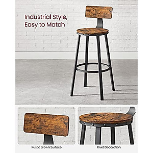 VASAGLE Bar Stools Set of 2, Tall Bar Stools, Bar Height Stools, 28.7 Inch High Barstools with Back, Industrial, Metal Frame, Easy Assembly, Rustic Brown and Black ULBC026B01V1
