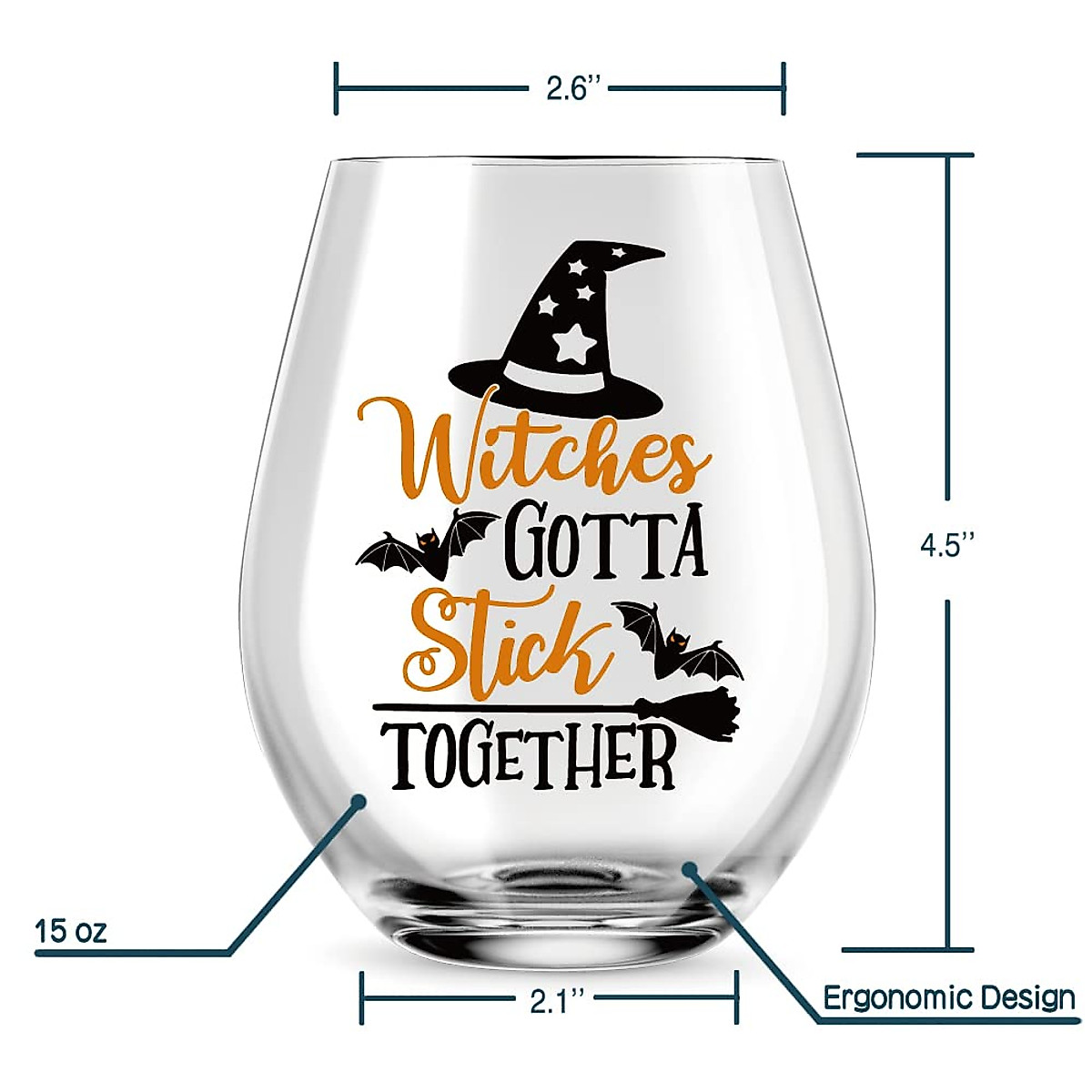 AGMDESIGN Witches Gotta Stick Together Wine Glass, Funny Halloween Witch Wine Glass Gift for Her, Mom, Wife, Boss, Sister, Birthday or Christmas Gift For Office Coworkers Mom Dad