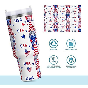 ODAWA Large Fall Insulated Tumbler with Lid and Straw, Cute Gnomes Usa Flag Double Wall Insulated Tumbler