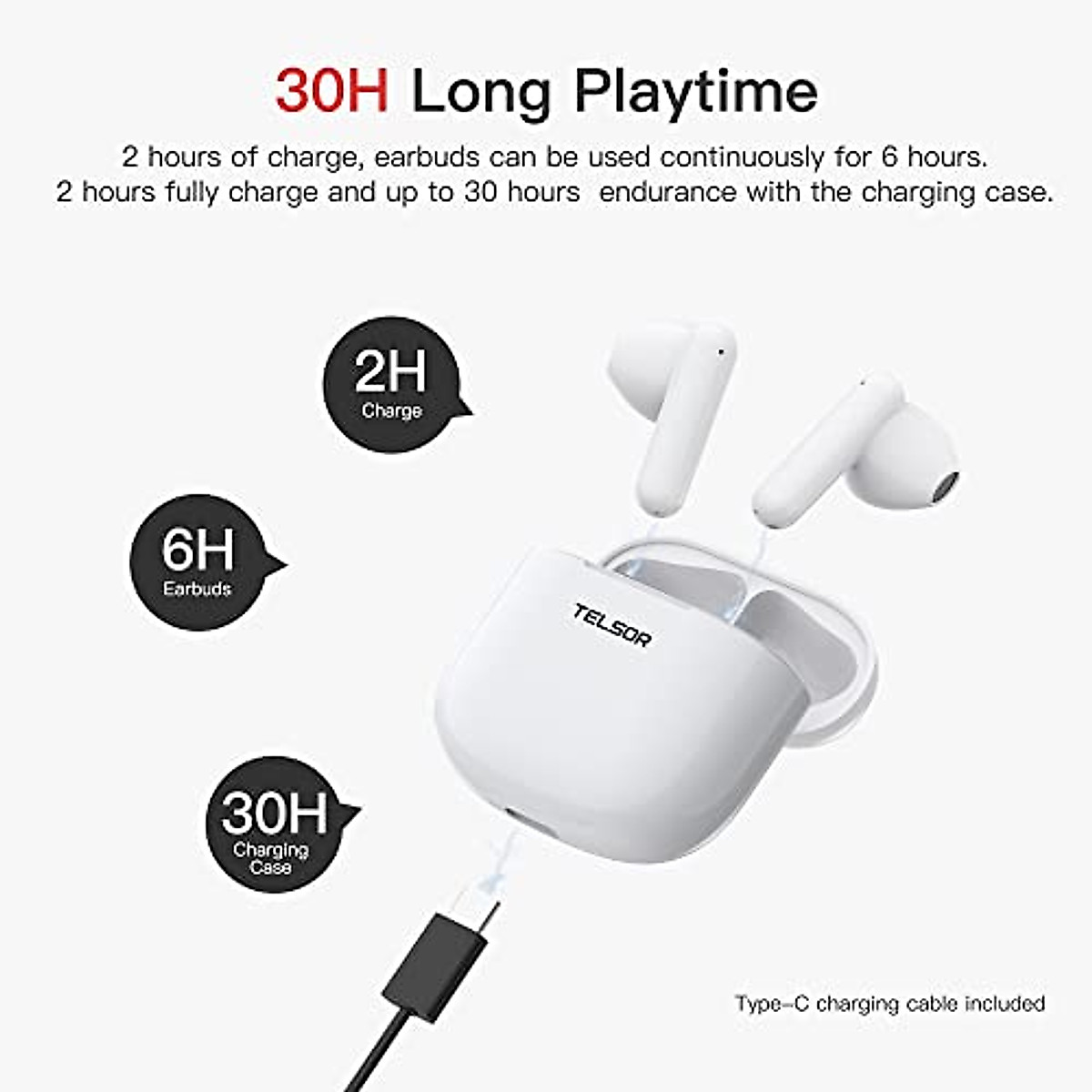 Wireless Earbuds for iPhone, TELSOR Bluetooth Headphones Touch Control Stereo Sound Bluetooth Earbuds with Noise Cancelling Mic for Calls, 30H Playtime, IPX7 Waterproof Earbuds for Android, White