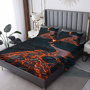 Volcano Sheets Full Size, Magma Bed Sheets, Patterned Bedding Sheets & Pillowcases 4 Piece Set - Soft Microfiber Deep Pocket Fitted Sheet & Flat Sheet & 2 Pillow Cases K8-&-241