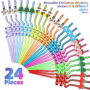24 Pieces Christmas Drinking Straws Reusable Xmas Theme Party Plastic Straw, Santa Claus Snowman Christmas Tree Baby Shower Colorful Cartoon Straws for Christmas Birthday Party Favors, 8 Styles