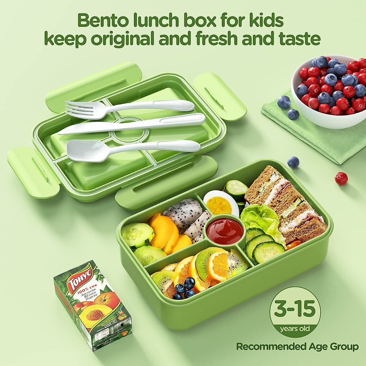 Jelife Bento Box Kids Lunch Box - Large Bento-Style Leakproof with 4 Compartments Food Storage Container with Tableware for Kids Back to School, Reusable On-the-Go Meal and Snack Packing, Green