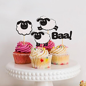 Ercadio 24 Pack Sheep Cupcake toppers Black Glitter Farm Animals Cupcake Picks Sheep Baa Cupcake Decors Sheep Theme Baby Shower Birthday Party Supplies