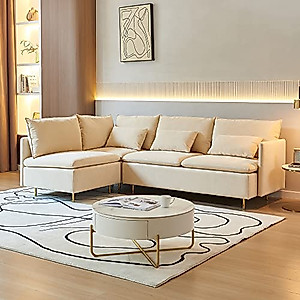 GreatHome L-Shaped Modular Sectional Couch, 4-Seater Corner Sectional Sofa, Modern Beige Fabric L Sofa with 3 Pillows Included and Gold Metal Legs, for Small Space