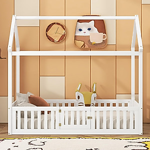 P PURLOVE Twin Size Floor House Bed Frame,Wood Montessori Floor Bed Frame with Fence for Boys,Girls,White