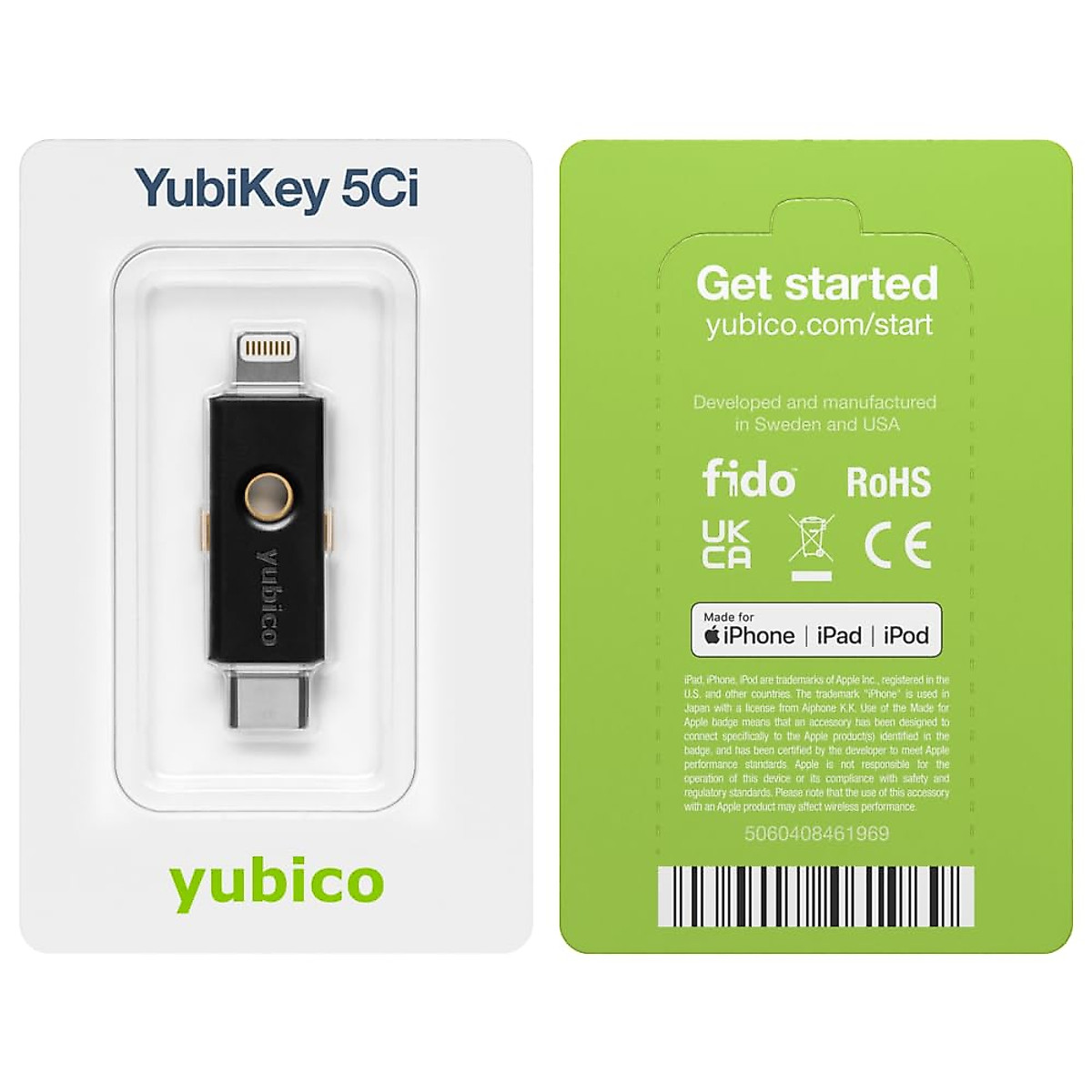 Yubico - YubiKey 5Ci - Two-Factor authentication Security Key for Android/PC/iPhone, Dual connectors for Lighting/USB-C - FIDO Certified