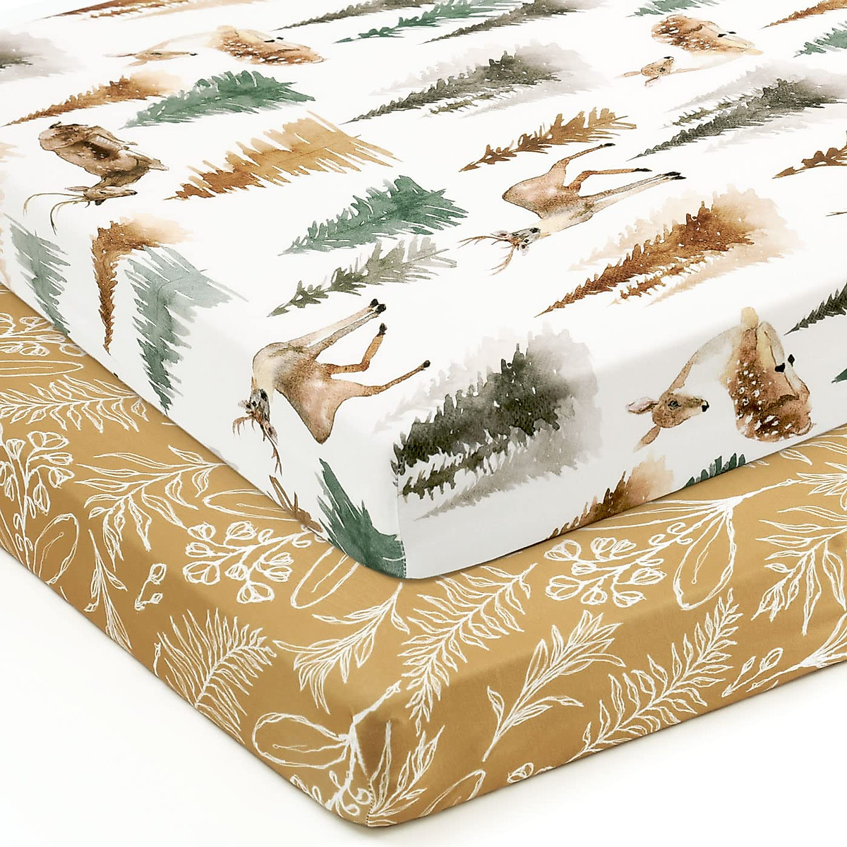 Stretchy Ultra Soft Jersey Knit Fitted Pack n Play Sheets Set 2 Pack, Portable/Mini Crib Sheets with Deep Pocket, Fitted Playard Mattress Safe and Snug, Stylish Watercolor Deer and Leaves