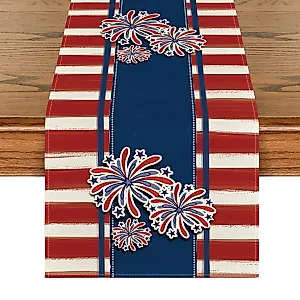Artoid Mode Watercolor Stripes Firework Table Runner, 4th of July Patriotic Memorial Day Independence Day Holiday Kitchen Dining Table Decoration for Home Party Decor 13 x 72 Inch
