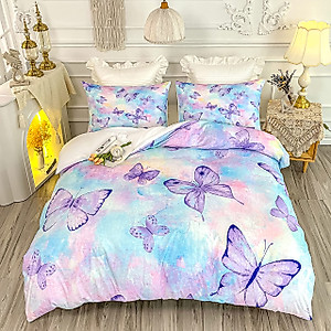 CVHOUSE Butterfly Bedding Queen Size,Rainbow Set for Girls Kids Teens,Rainbow Comforter Cover Soft,1 Duvet 2 Pillowcases 3 Piece,Girls Room Decor Queen 89'x89'