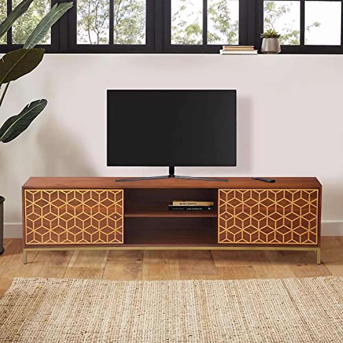 The Urban Port Kalyn 75-Inch Handcrafted TV Media Console Entertainment Center, 2 Doors, Center Shelf, Geometric Design Print, Brown Acacia Wood, Brass