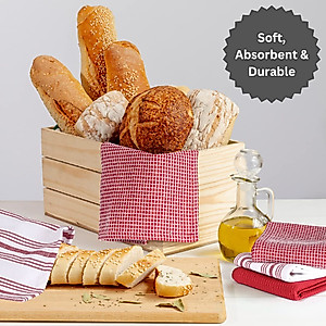 Urbana Cotton Set of 6 Assorted Waffle Kitchen Towels 100% Cotton Super Soft Absorbent Reusable Cleaning Cloths Machine Washable Weave Tea Towel with Hanging Loop (Red & White, 16 X 26 Inches)