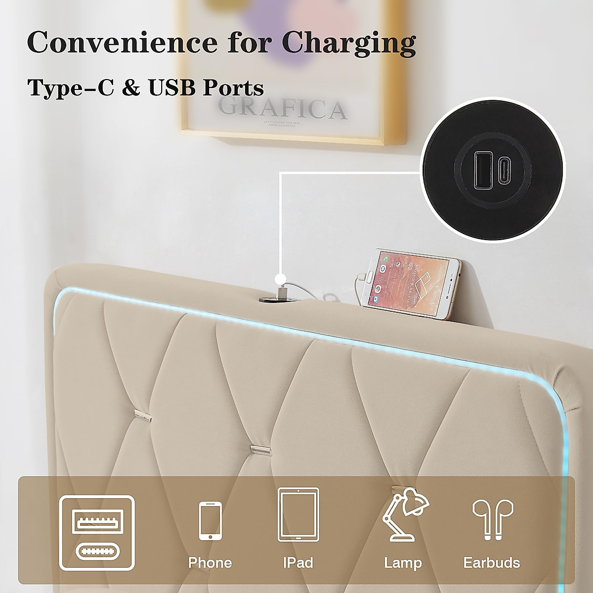 VECELO Upholstered Twin Bed Frame with Headboard Adjustable, Velvet Platform Bed with LED Lights, Charging Station, Mattress Foundation with Wooden Slats, Noise Free, No Box Spring Needed, Beige