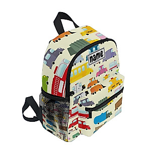 Glaphy Custom Kid's Name Backpack School Bus Trucks and Police Car Cartoon Cute Toddler Backpack for Daycare Travel Personalized Name Preschool Bookbag for Boys Girls