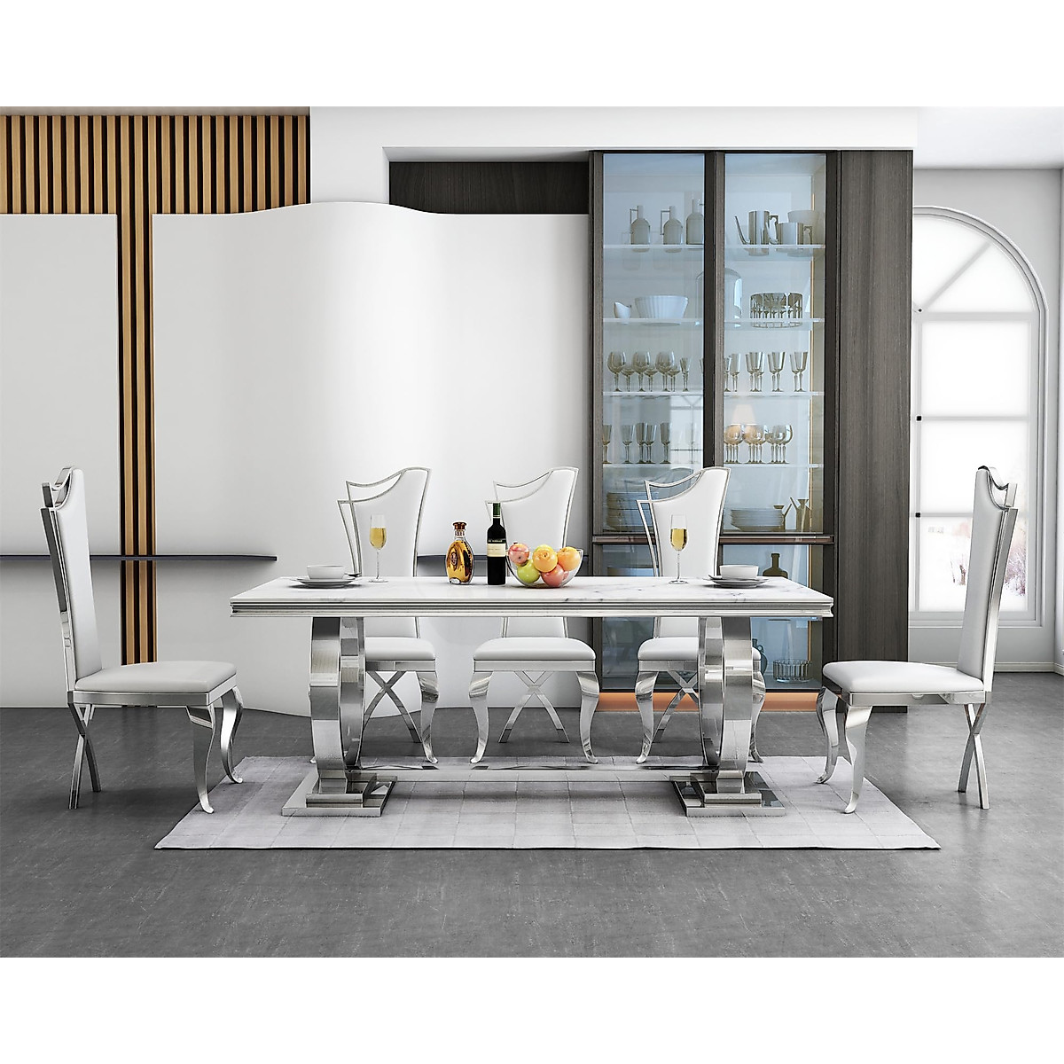 70'' Marble Dining Room Table for 6 or 8, Modern Marble Dining Table w/Silver Stainless Steel U-Base Rectangular Kitchen Table for 8, Large White Dining Table for Home Kitchen Dining Room