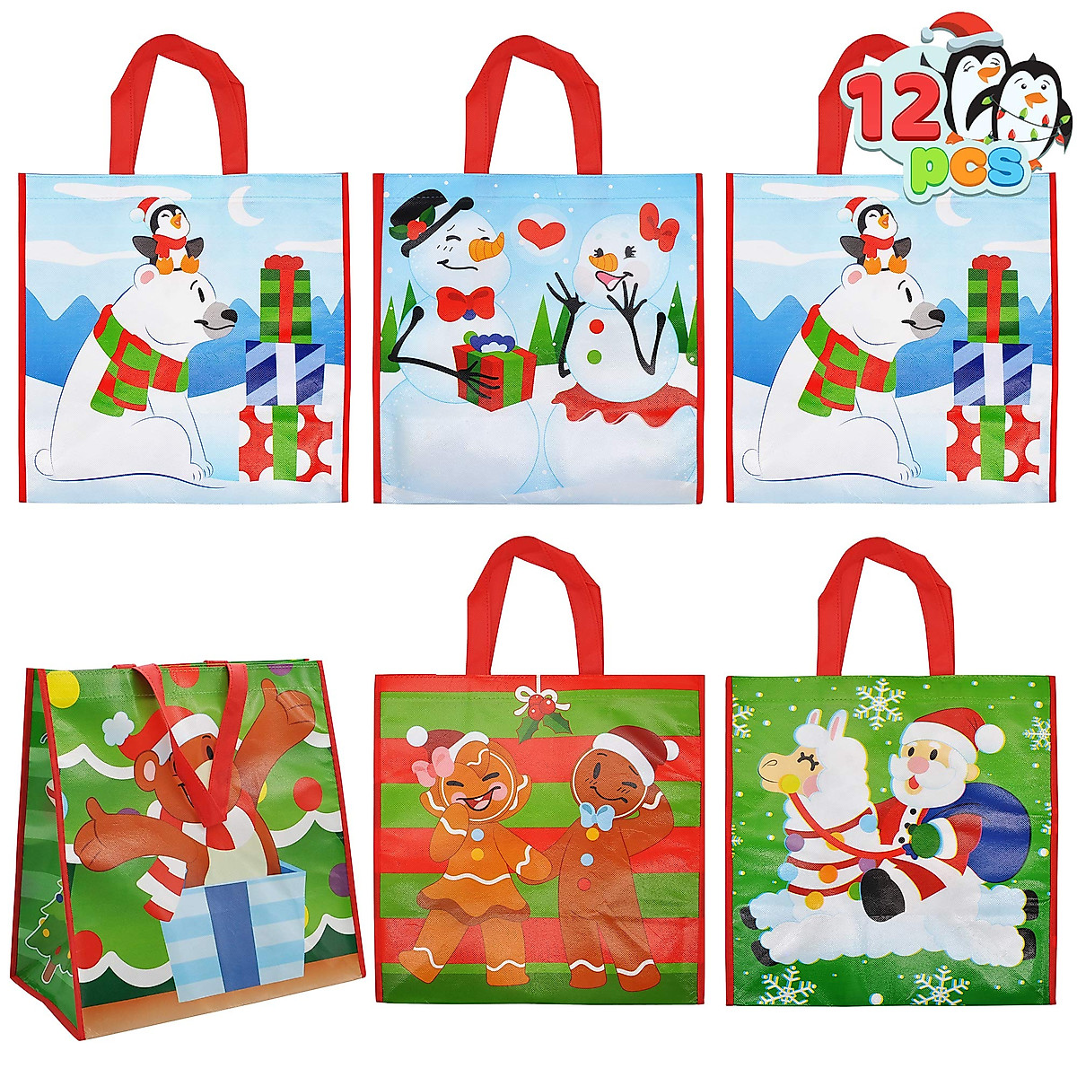 JOYIN 12 Christmas Tote Bags, 13.5"x8"x4" Extra-large Reusable Bags Non Woven Xmas Gift Wrap Bags with Handles for Holiday Party Favor Supplies, Xmas Grocery Shopping Bags
