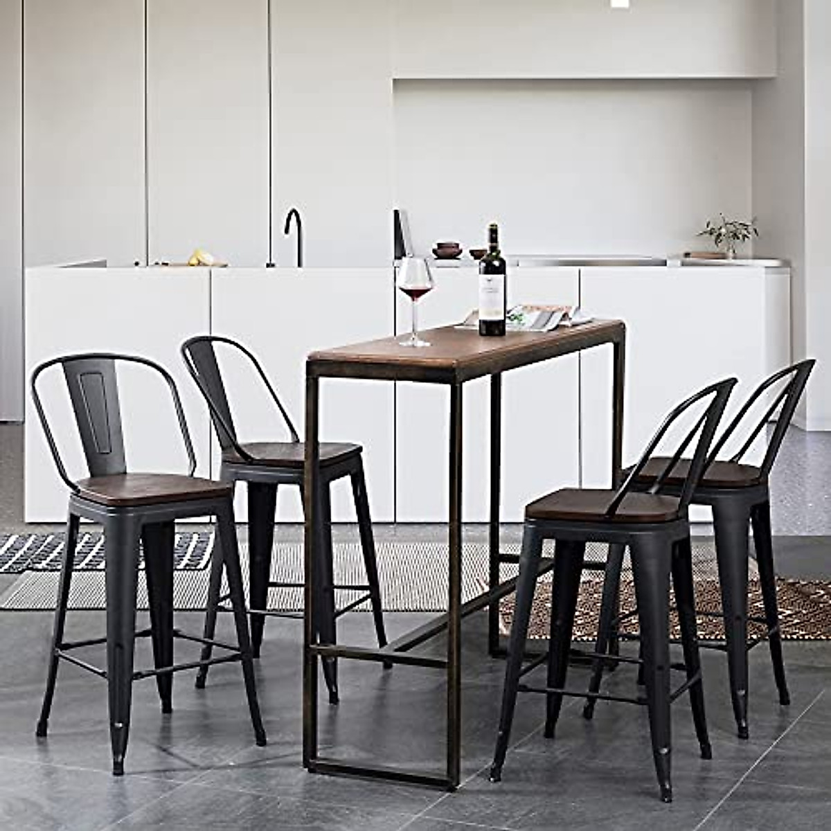 Alunaune 24" Swivel Metal Bar Stools Set of 4 High Back Counter Height Barstools Industrial Dining Bar Chairs with Large Wooden Seat-Matte Black