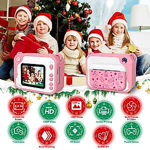 USHINING Instant Print Camera for Kids 12MP Digital Print Camera for Kids Aged 3-12 1080P Instant Camera for Kids with 32GB SD Card,Color Pens,Print Papers (Pink)