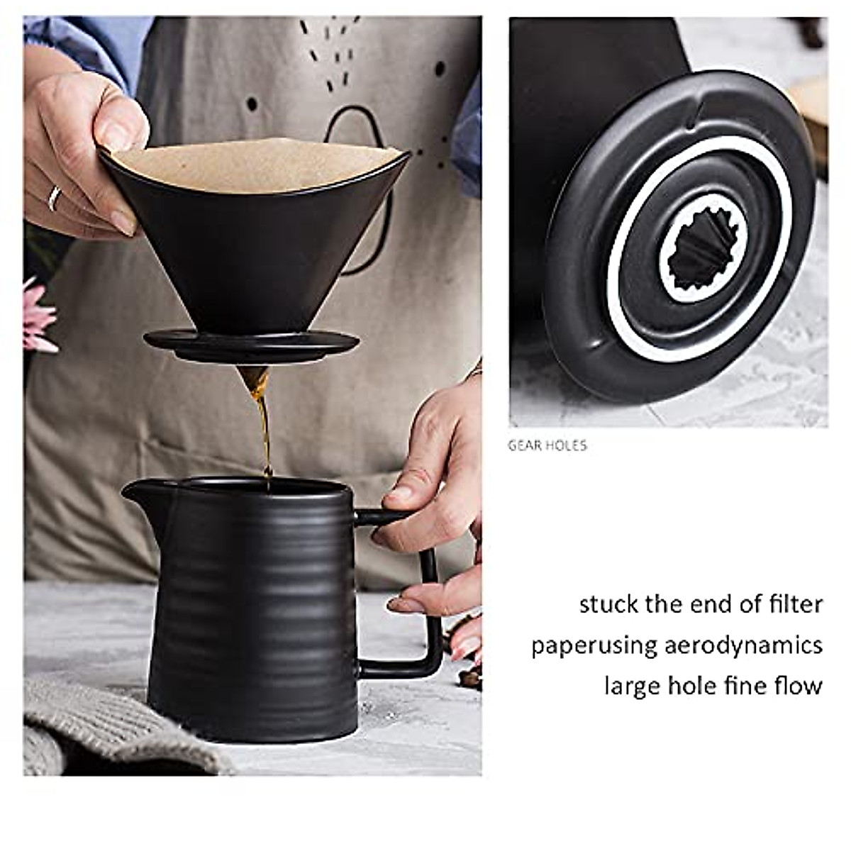 Ceramic Pour Over Coffee Maker, V60 Dripper & Decanter, Hand Brewer Durable Pot, Cone Funnel Coffee Drip with Black Coffee Filter Pot 1-2 Cup