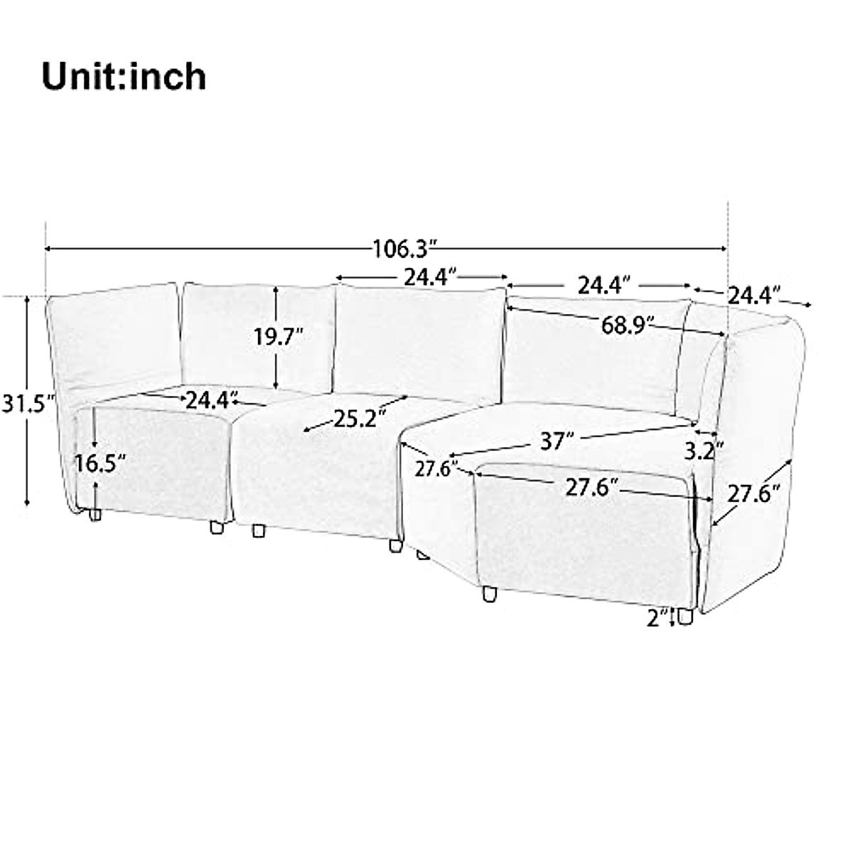 FULife Convertible Free Combination Curved Sofa Upholstered Deap Modular Sectional Couch with Adjustable Backrest,Modern DIY Luxury 4-Seat Leisure Corner Sofá for Living Room, Beige Polyester 106.3"w