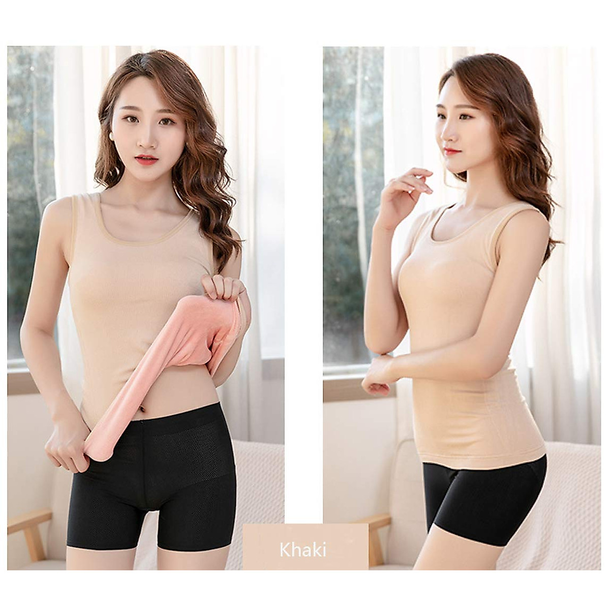 Flenwgo Womens Cotton Thermal Fleece Lined Underwear Tops Cami Tank Top Warm Base Layer Vest Khaki L/(Fit 120~145 lb)