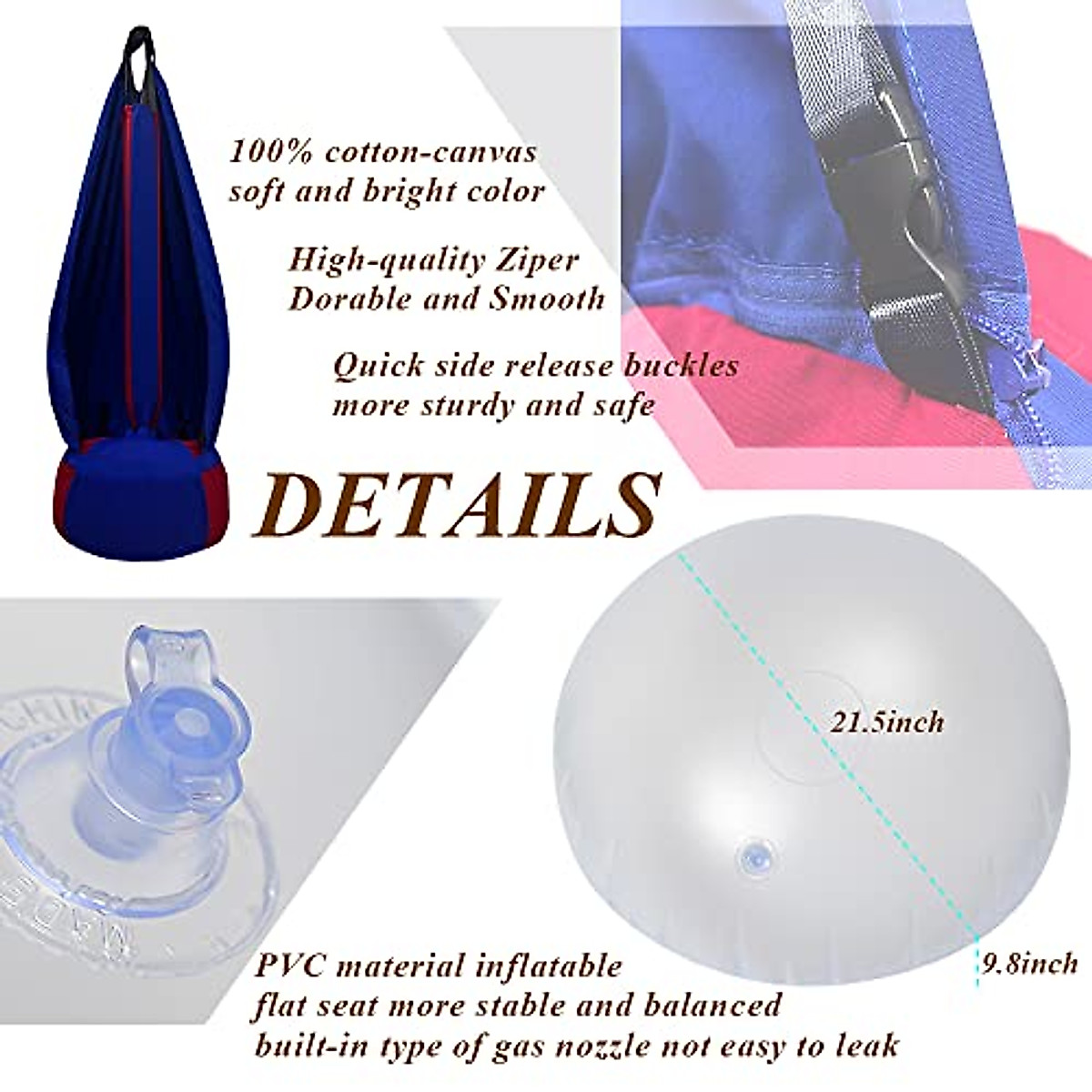 DEARCOOL 4 in 1 Kids Pod Swing Seat, Child Hammock Chair with Inflatable Cushion, 100% Cotton, for Indoor and Outdoor use, with Adjustable Belt, All Accessories Included