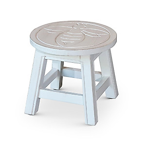 Carved Wooden Step Stool with Queen Bee Pattern,Round 11"W Versatile Wood Short Stool with Footrest,Indoor Foot Stool for Kitchen Living Room Bedroom Bathroom, No Assembly Needed,Antique White