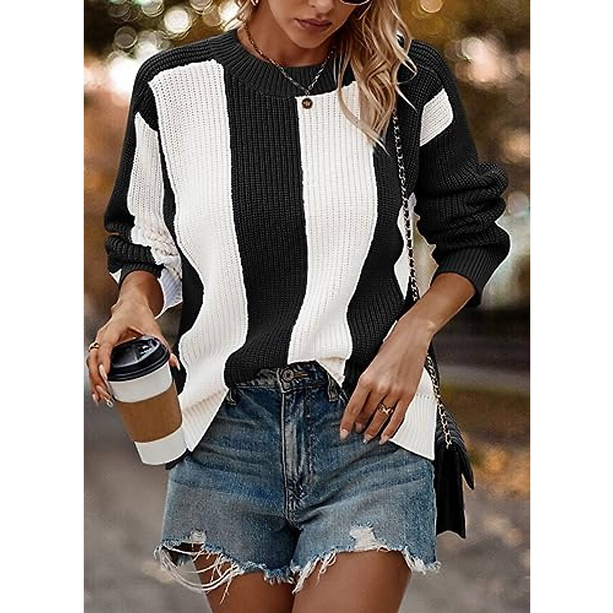 PRETTYGARDEN Women's 2023 Fall Knit Pullover Sweater Casual Long Sleeve Color Block Jumper Blouse Tops (Black,Large)