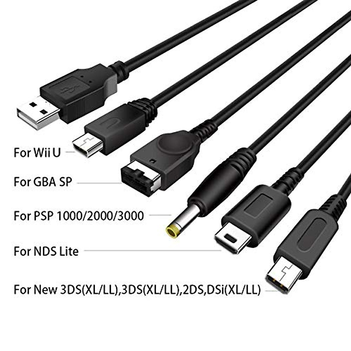 5 in 1 USB Charger Cable for Nintendo DS Lite/ Wii U/ New 3DS (XL/LL), 3DS (XL/LL), 2DS, DSi (XL/LL) ,NDS/Gameboy Advance SP, PSP 1000 2000 3000, Multi-Functional USB Charging Cord with Cable Tie