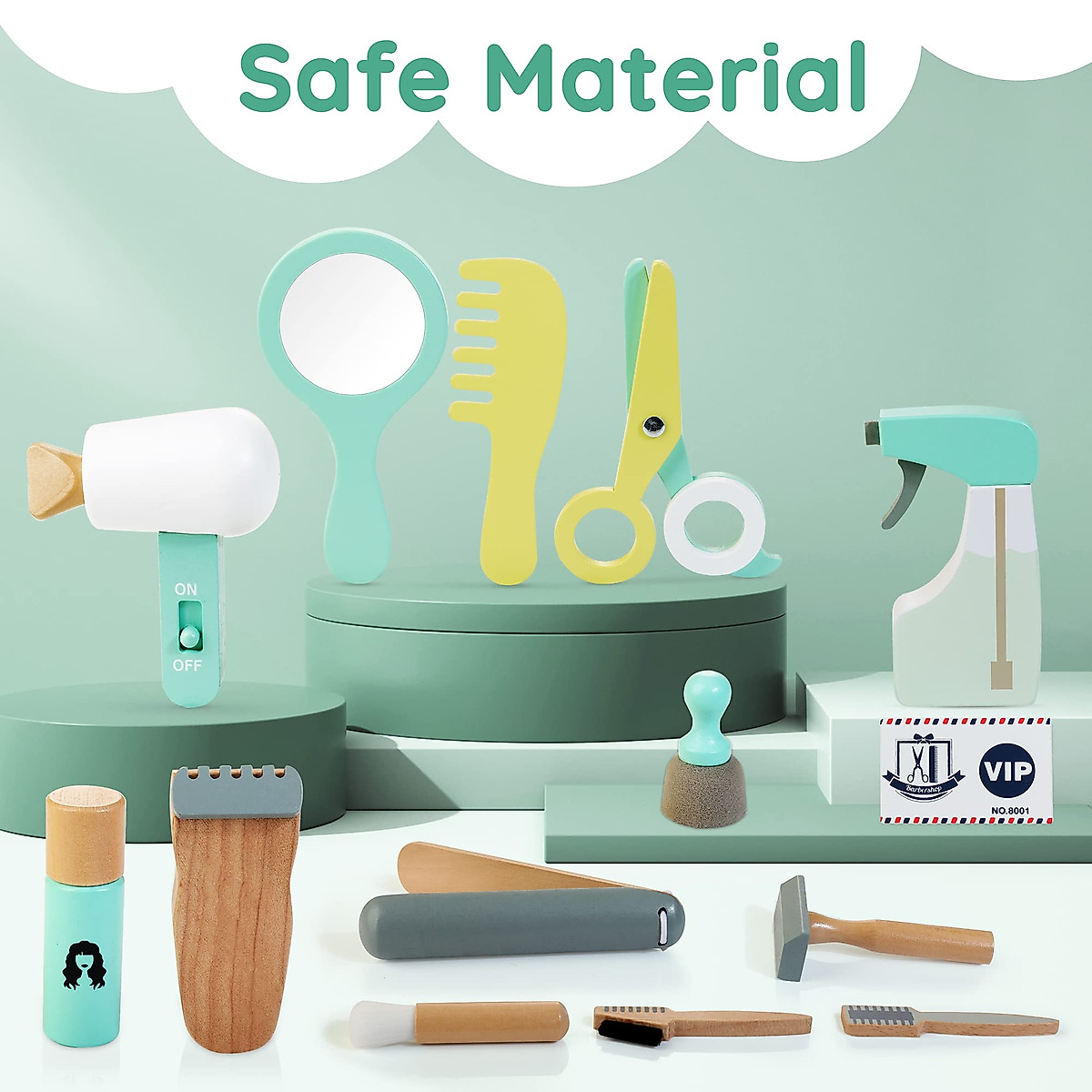 Treewant Kids Hair Salon Playset, Wooden Makeup Toy Set, Hair Styling Toys for Girls, Kids Shaving Kit for Boys, Kids Barber Playset, Gifts for 3 4 5 Year Old Girls Boys (18 PCS)