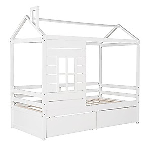 Merax House Bed with Two Drawers, Window and Roof, Twin Size Wood Storage Bunk Bed Daybed Can be Decorated for Girls, Boys (White)