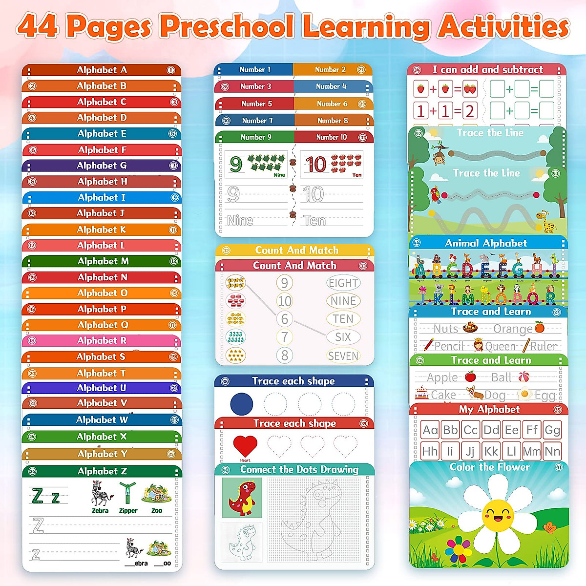Uneedity Preschool Learning Activities Tracing Books for Kids Age 3-5,44 Pages Toddlers Handwriting Practice Book,Number Letter Tracing Books Learn Shapes Workbook Autism Montessori Educational Toy
