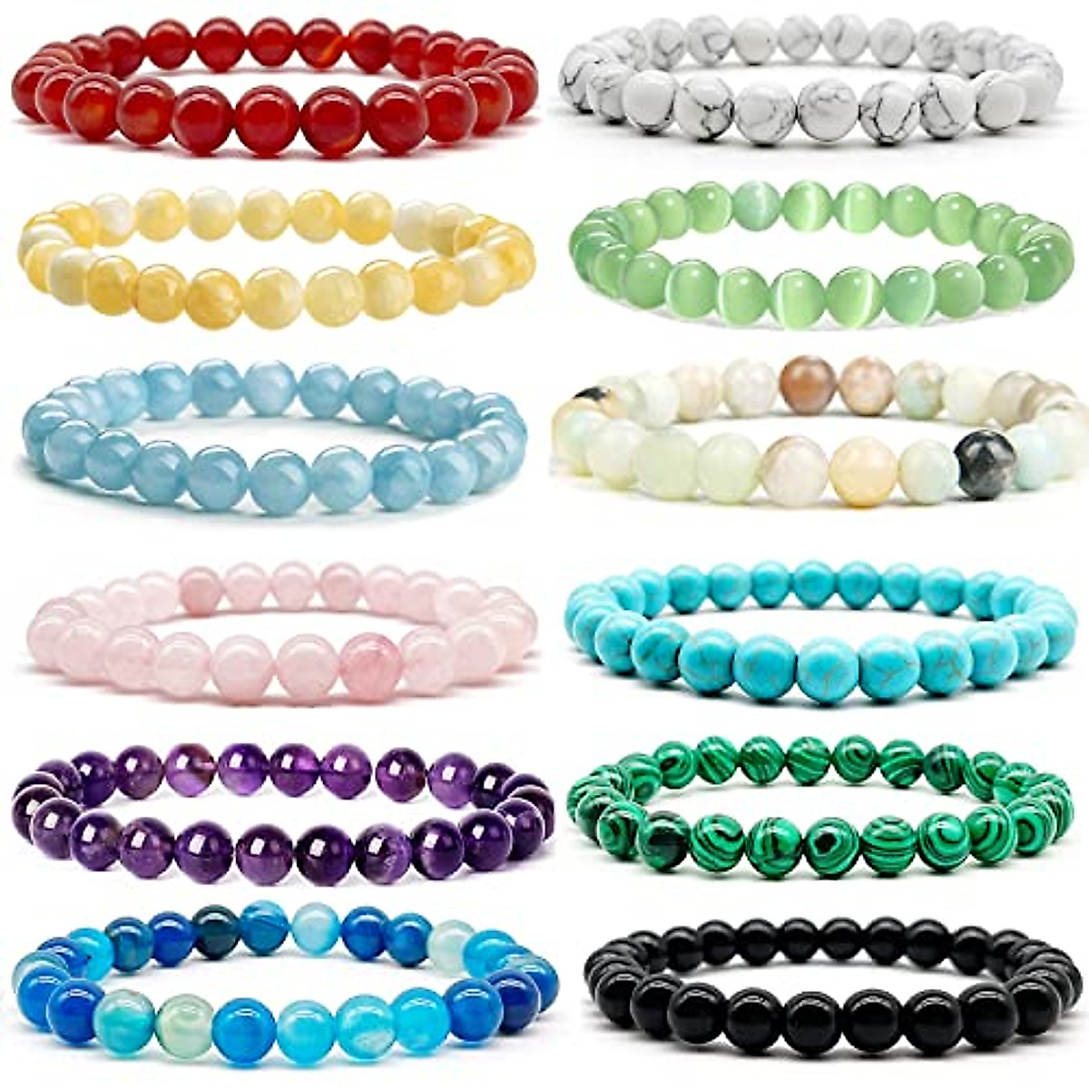SROBENZ 12 PCS Gemstone 8mm Round Beaded Bracelet Set Healing Crystal Stone Stretch Bracelets for Women Girl Men Round Beads Elastic Bracelets