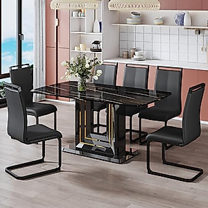 WOXYX Minimalist and Luxurious Dining Table with Black Imitation Marble Pattern Desktop. MDF tablelegs with Gold Lines and Base