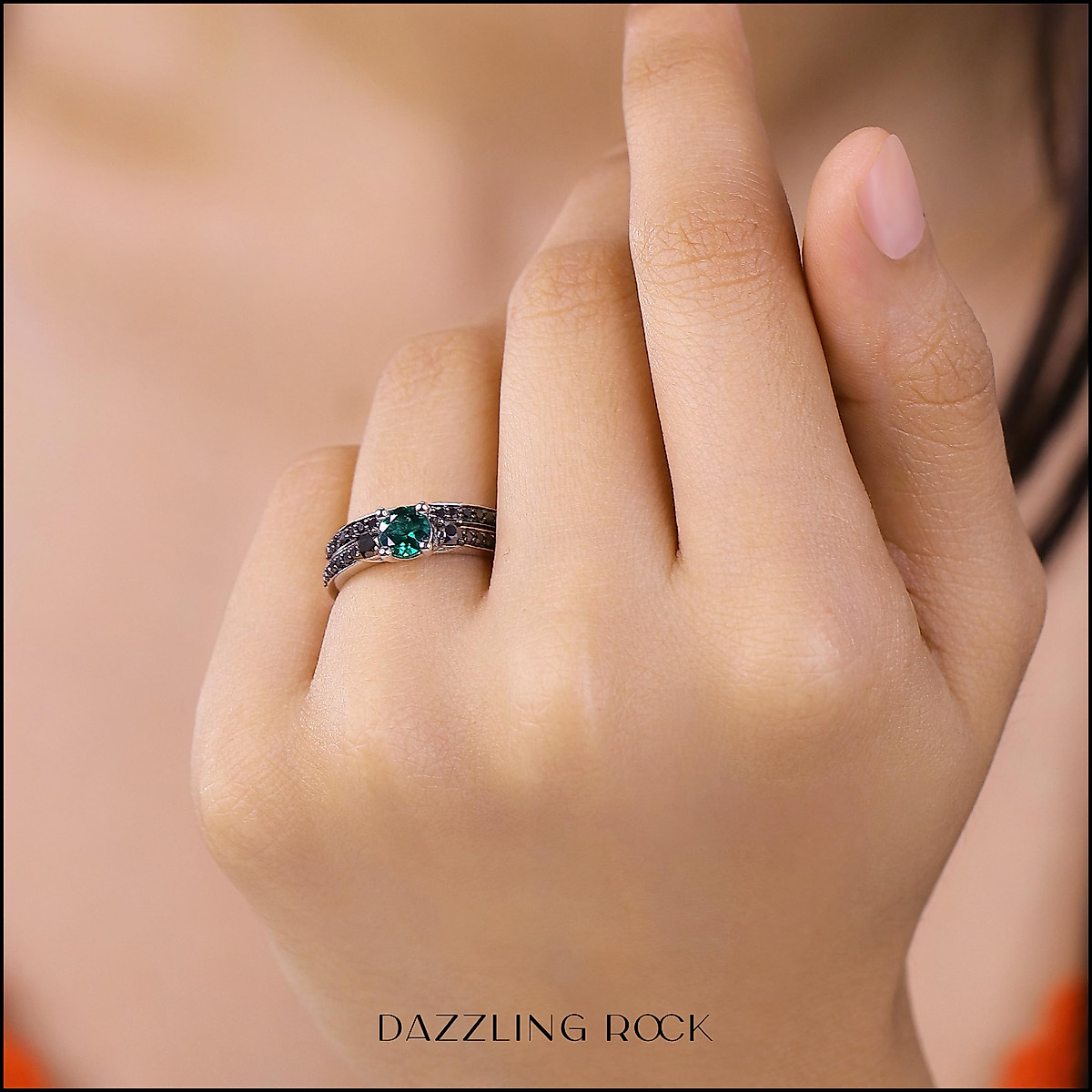 Dazzlingrock Collection 5 MM Center Round Lab Created Emerald with Natural Black Diamond Three Stone Engagement Ring Set for Women | 925 Sterling Silver, Size 5.5