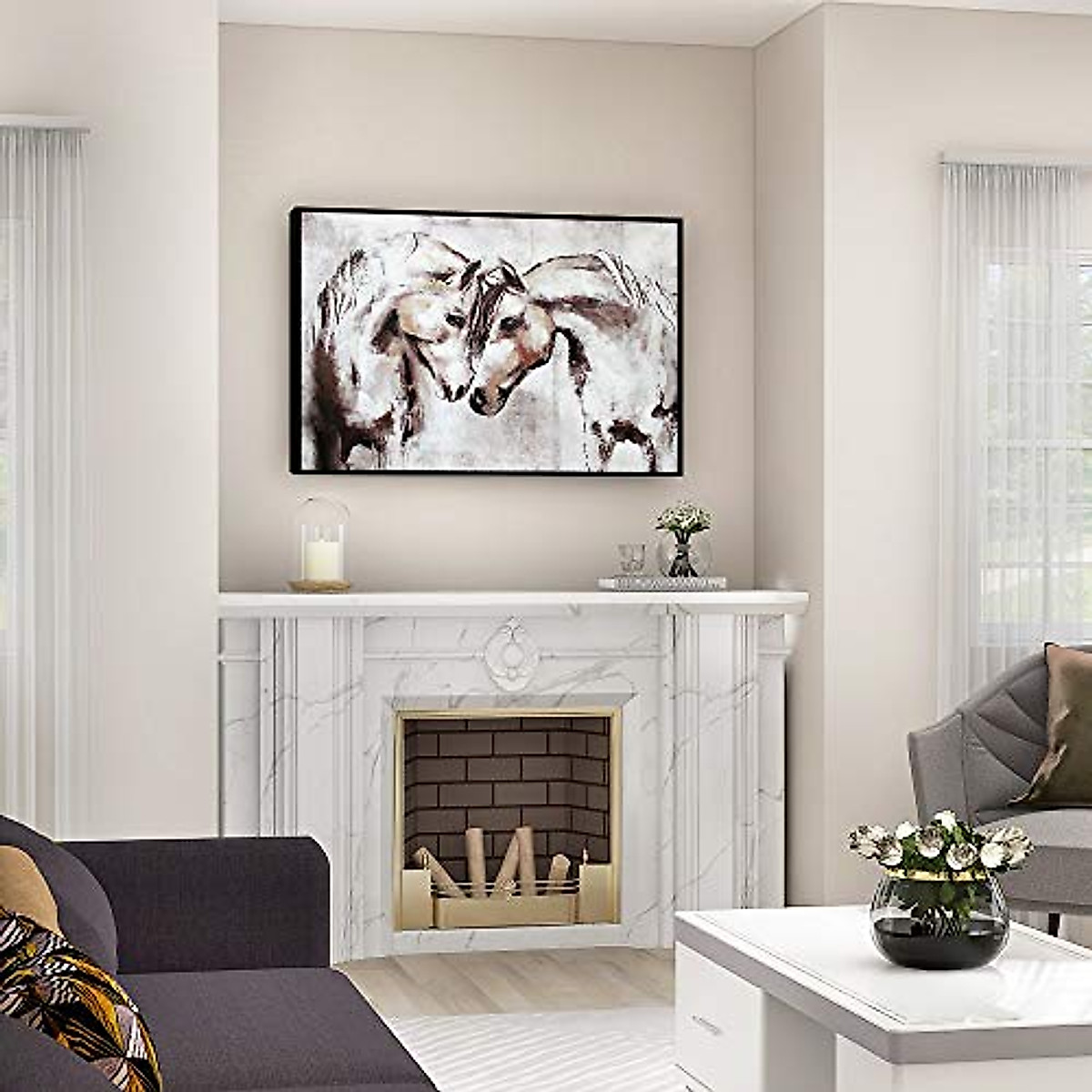 lamplig Horse Pictures Large Hand Painted Wall Art Oil Paintings Brown Animal Canvas Prints Farmhouse Wall Decor Horses Head to Head Artwork Stretched Black Frame for Bedroom Living Room 48x32 inch