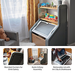 Step2 Harmony Toy Storage Box, Wood and Plastic, Shelves for Books, Toy Storage Bin with Chalkboard Lid and Clip, Easel and Toy Organizer in One